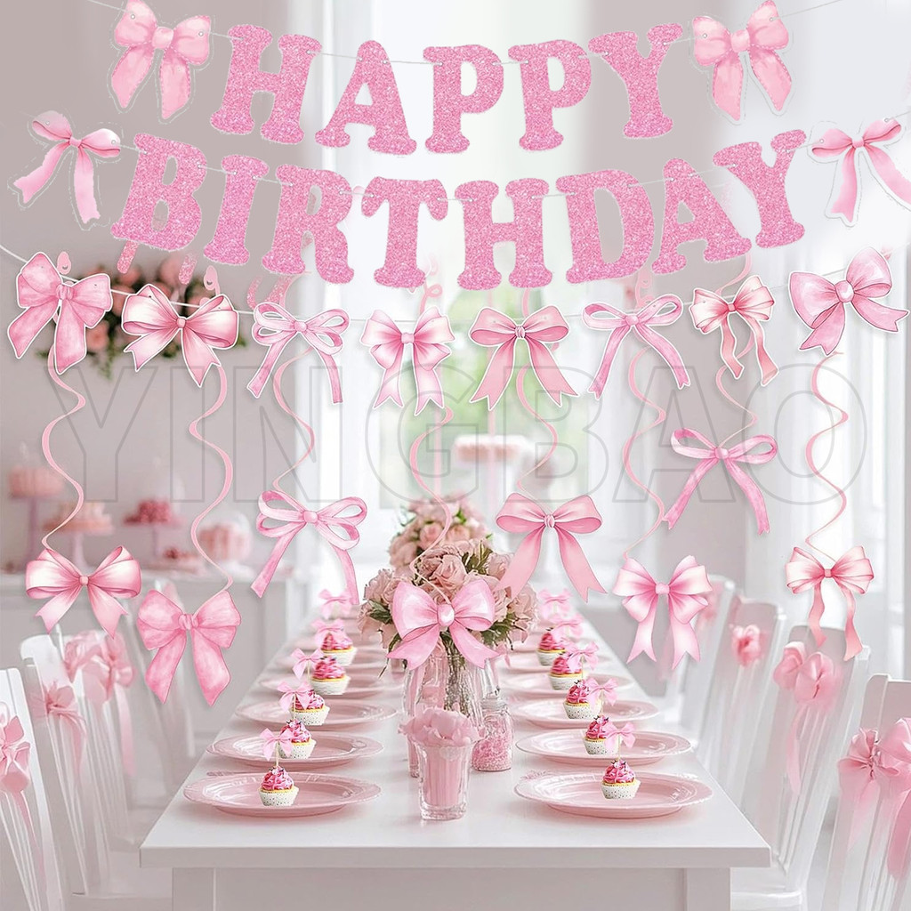 Bow Birthday Party Decorations, Pink Bow Birthday Banner Bow Party ...