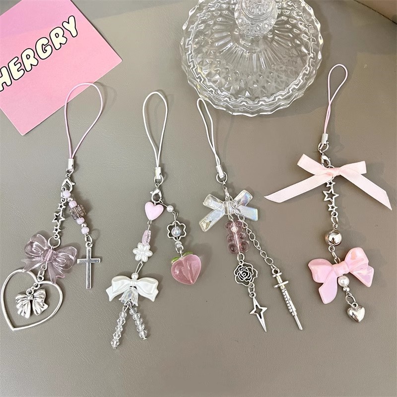 Pink Kawaii Y2K Peach Keychain Love Heart Keychain Phone Charms Cute ...
