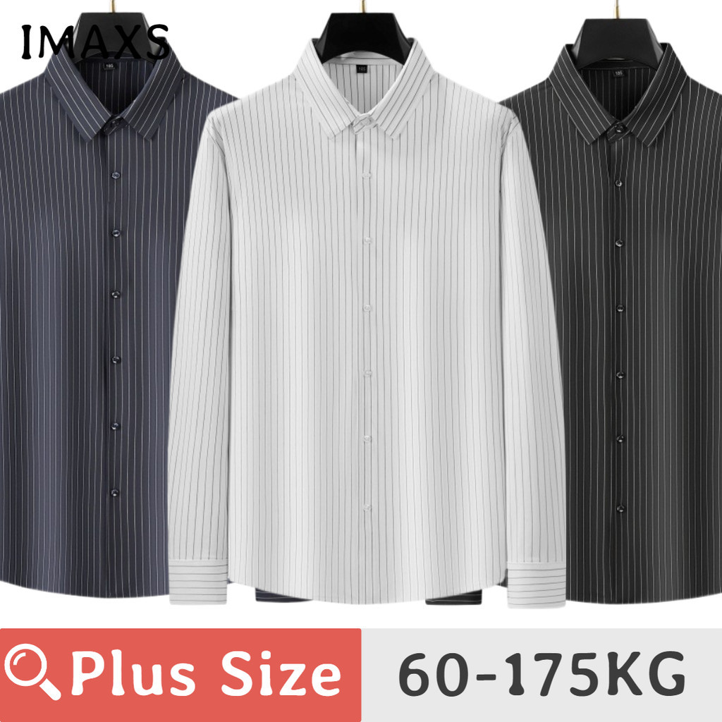60-175KG PLUS SIZE Men Classic Striped Business Casual Top Elasticity White Long Sleeve Office ...