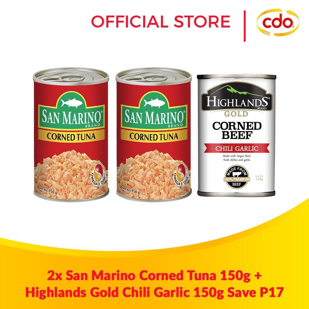 SAN MARINO Corned Tuna 150g (2PCS) + HIGHLANDS Gold Corned Beef Chili Garlic 150g (1PC) | Shopee ...