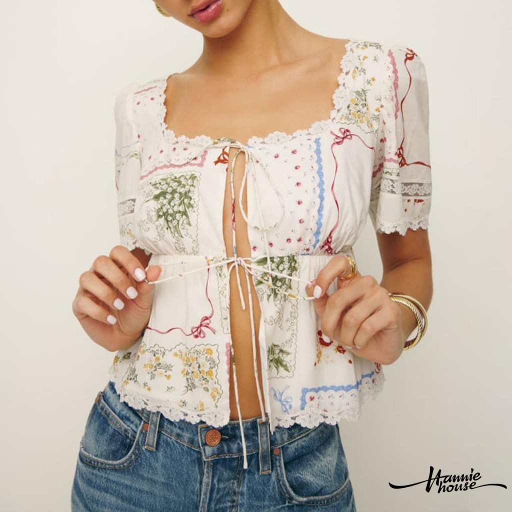 HANNIE House- Women Lace Trim Floral Print Tie-Up Front Short Sleeve ...