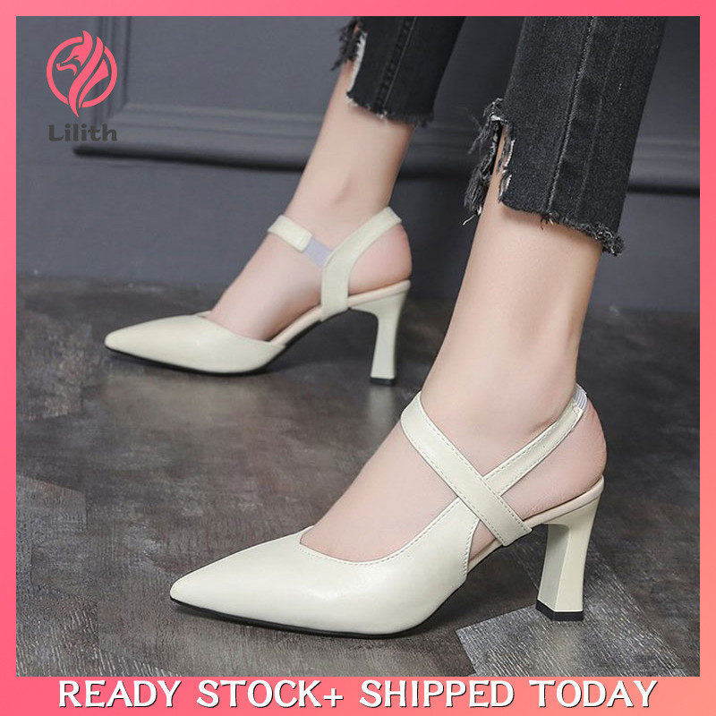 Korean Fashion Heels Leather Pointed Sandals For Women For Office ...