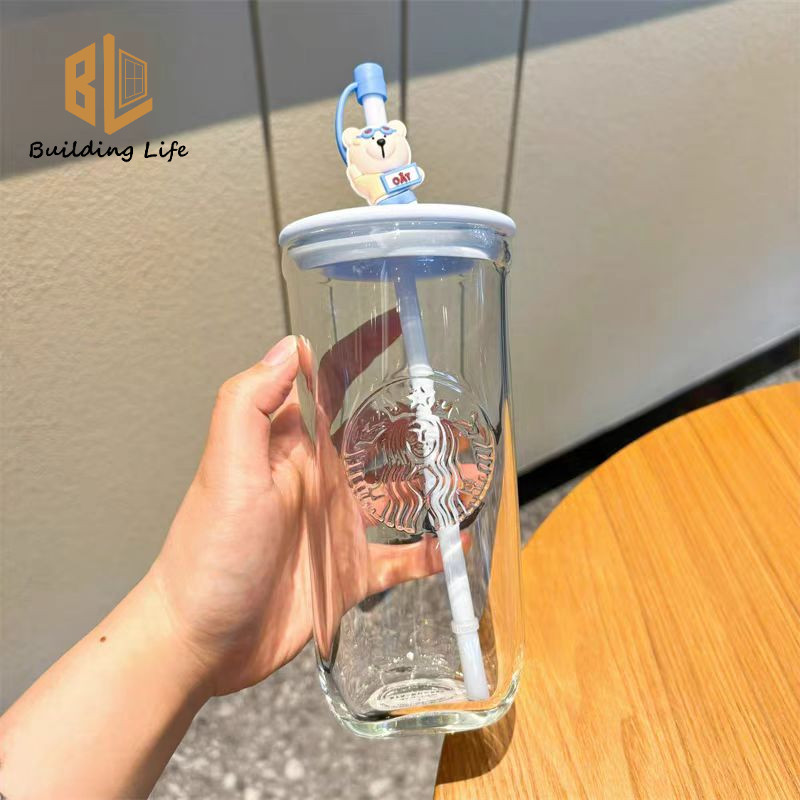 Starbucks Cup Blue Triangle Cup Glass Straw Cup Coffee Cup Natural ...