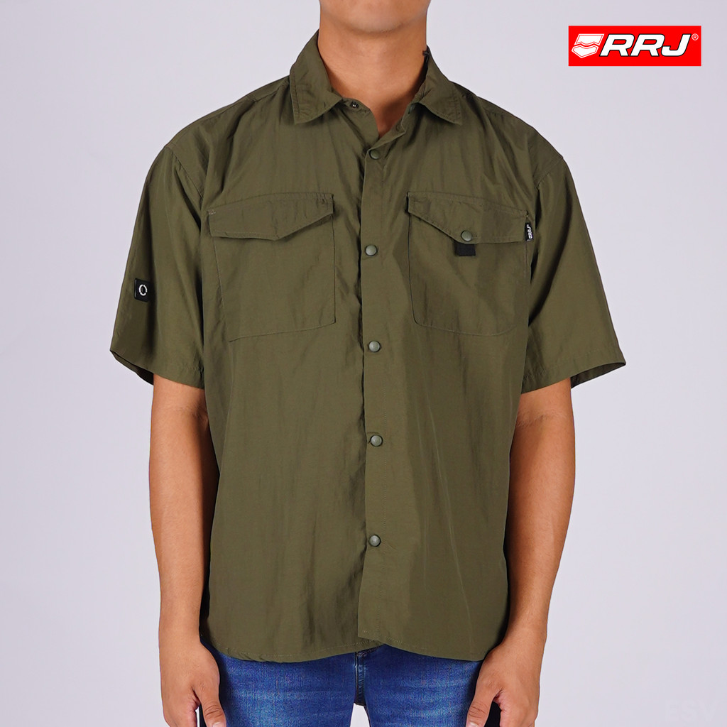 RRJ Men's Basic Woven Shirt Boxy Fitting Taslan Fabric 160603 (Fatigue ...