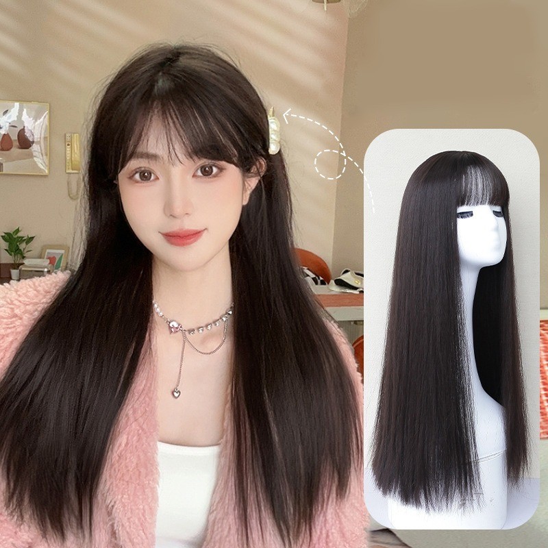 YOUJ Long Straight Hair Wigs Brown Black Synthetic with Bangs Natural ...