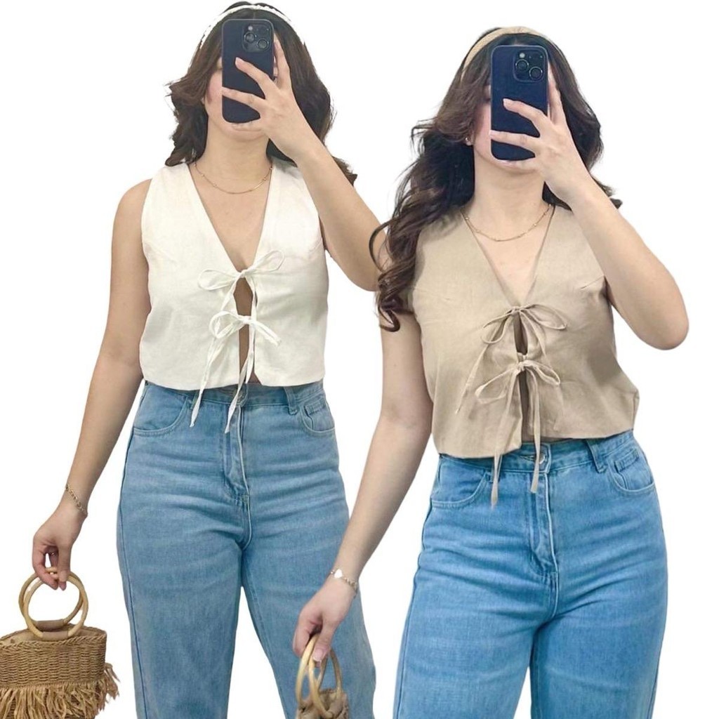 CG1050 ELOISE Ribbon Vest Cotton Linen Fabric | Shopee Philippines