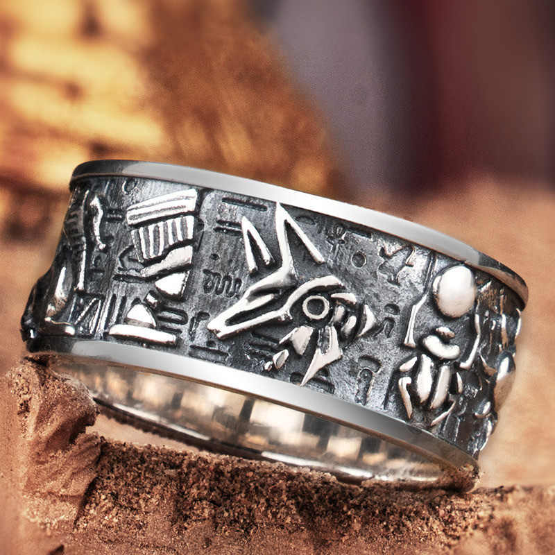 Ring Male Thai Silver Ancient Egyptian Gods Embossed Grim Reaper Jackal ...