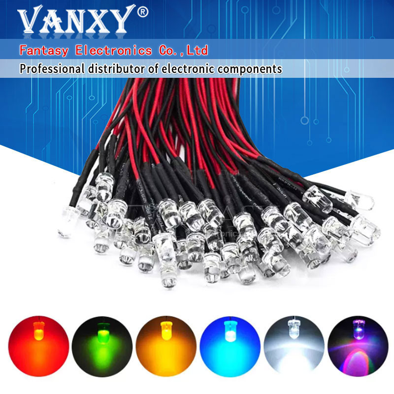 10PCS 5mm LED 12V 20cm Pre-wired White Red Green Blue Yellow UV RGB ...