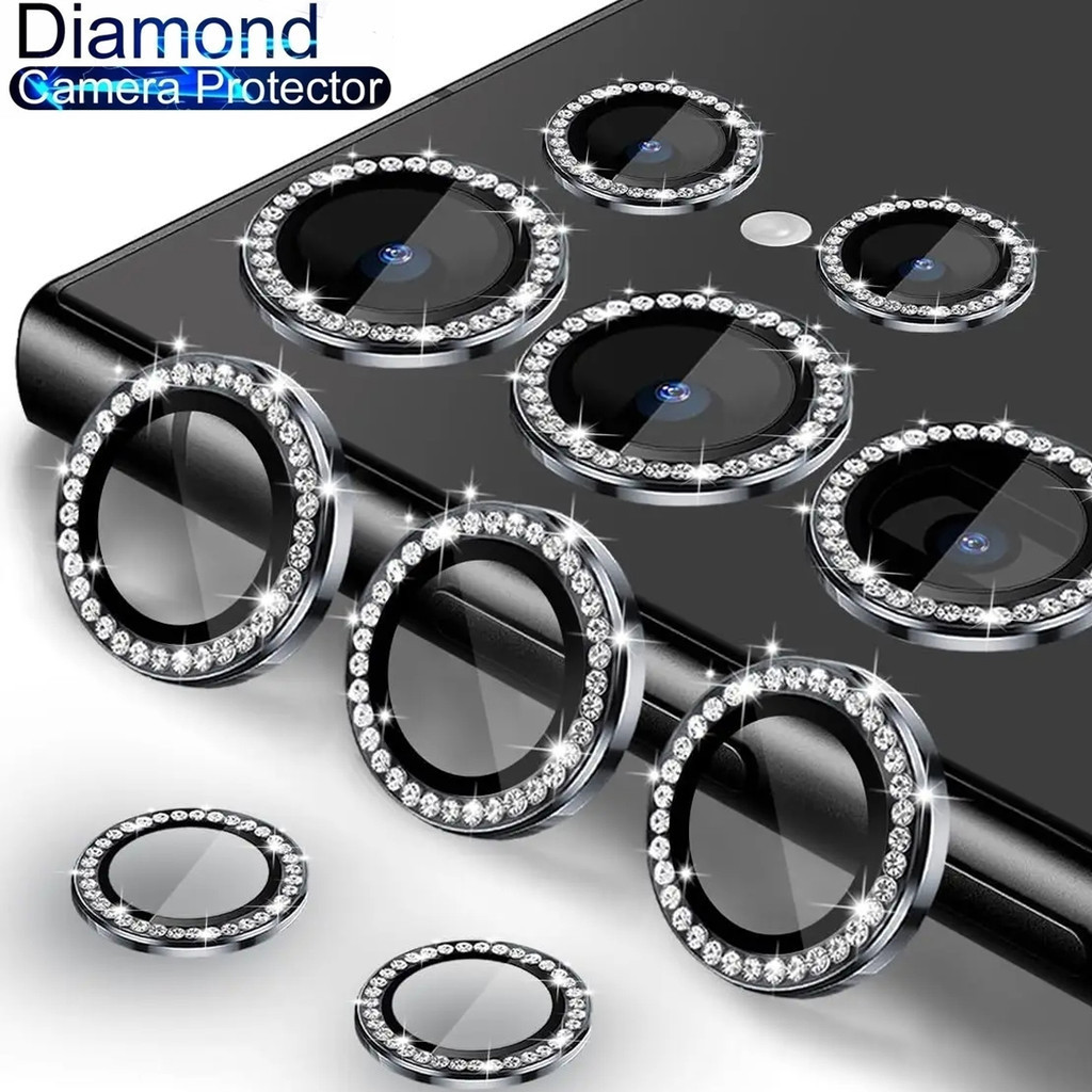 Samsung Galaxy S24 Ultra S23 Plus Diamond Camera Lens Metal Ring Protector Cap With Tempered ...