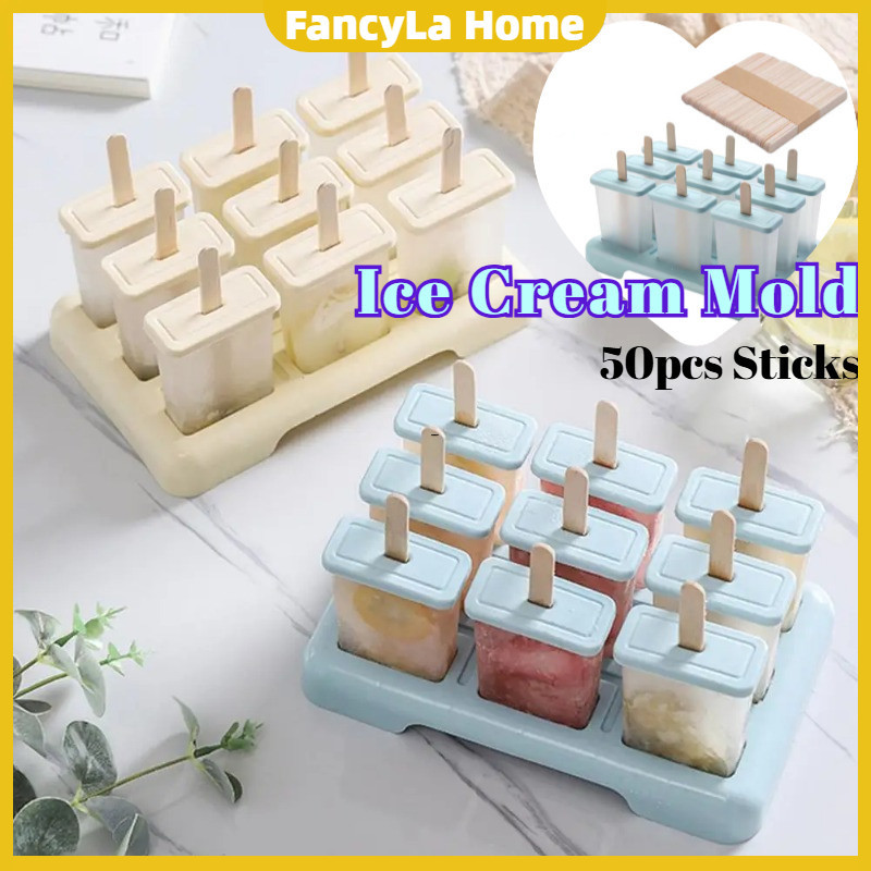 9 Grids Ice Cream Mold with 50pcs Popsicle Stick PVC Ice Pop Ice ...
