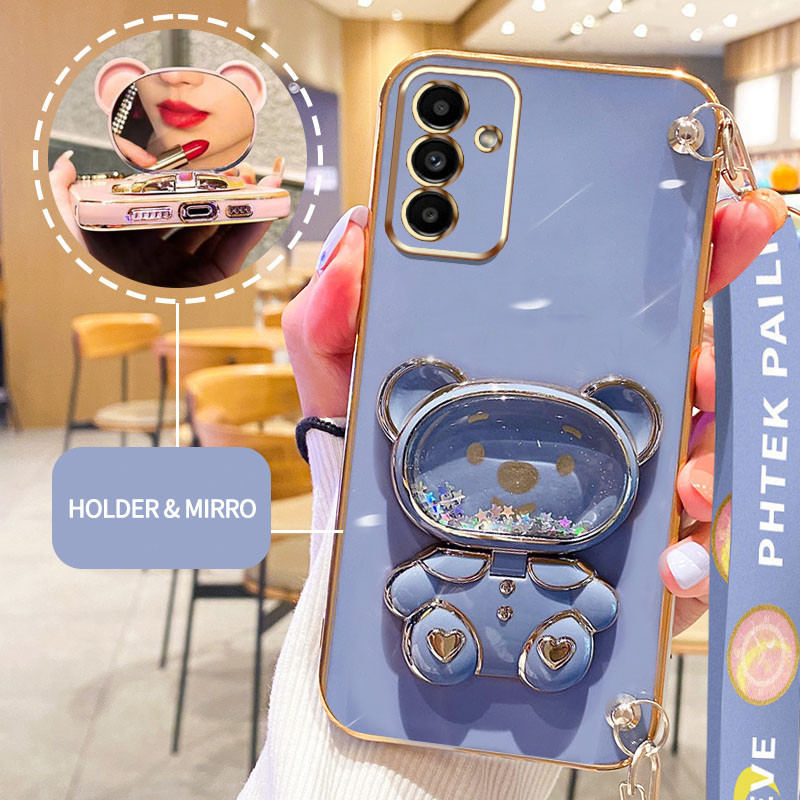 Cute Bear Fluid Bracket Case Samsung Galaxy A55 A35 A25 A15 5G with Long Strap New Design Luxury ...