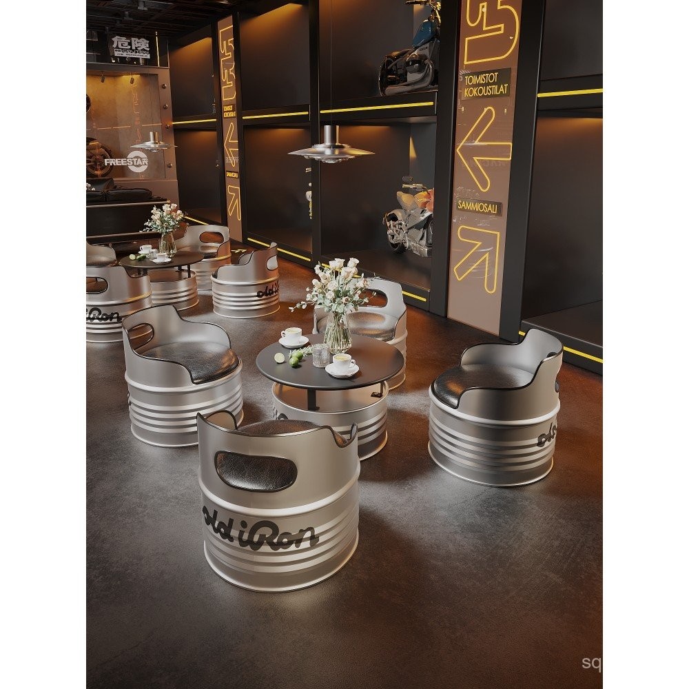 Industrial Style Oil Drum Table and Chairs Coffee Shop Motorcycle Club ...