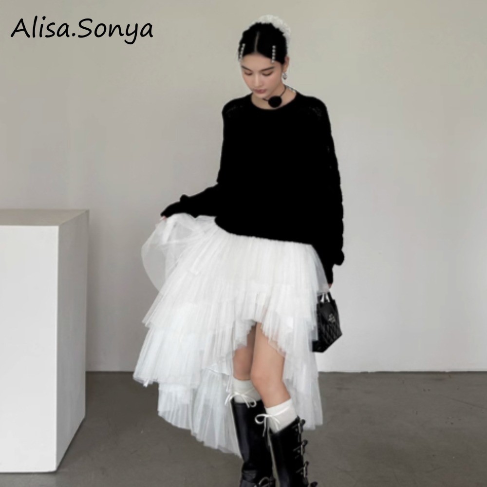 Alisa.Sonya Women's White Romantic Tulle Skirt Multi Layer Asymmetric ...