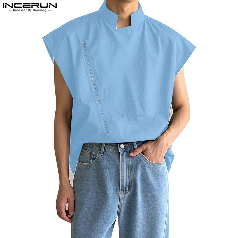 INCERUN Men Korean Casual Stand Neck Deconstruct Zip Drop-Shoulder ...