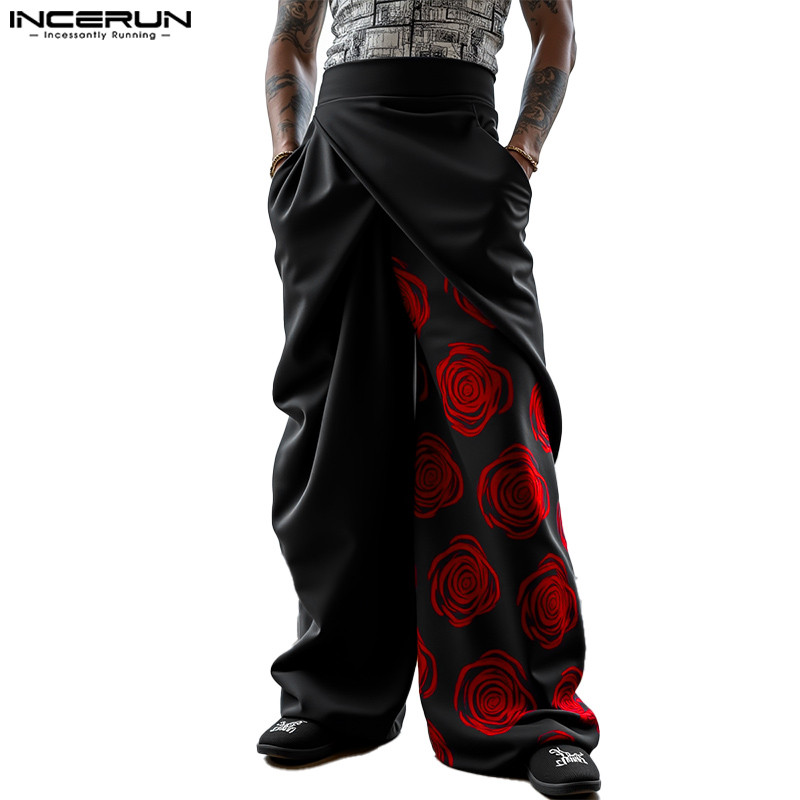 INCERUN Men Vintage Stylish High Waist Deconstruction Floral Print Wide ...