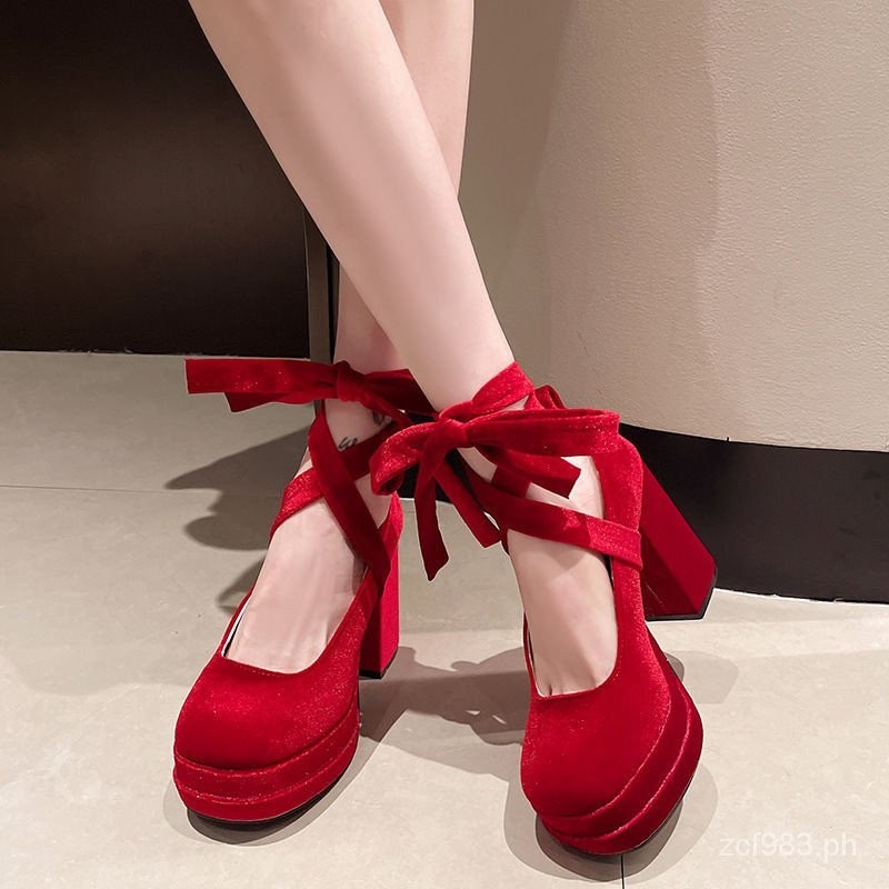 Bandage Pink French Style Retro Platform Princess Chunky Heel Mary Jane ...