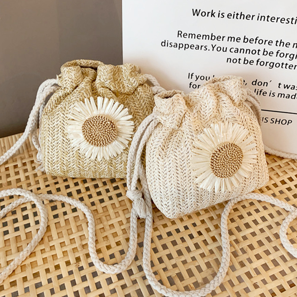 Sunflower Rattan Drawstring Bag Straw Bags Handmade Weave Bucket Small ...