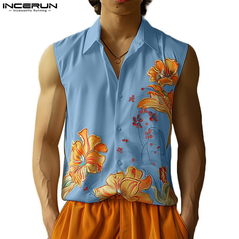 INCERUN Men Korean Fashion Floral Print Turn Down Collar Sleeveless ...