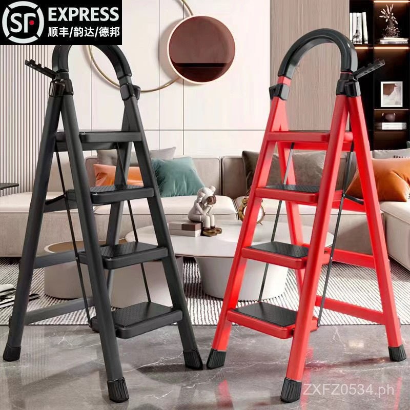 Folding Household Pedal Steel Pipe Four-Step Ladder, Thickened Red Five ...