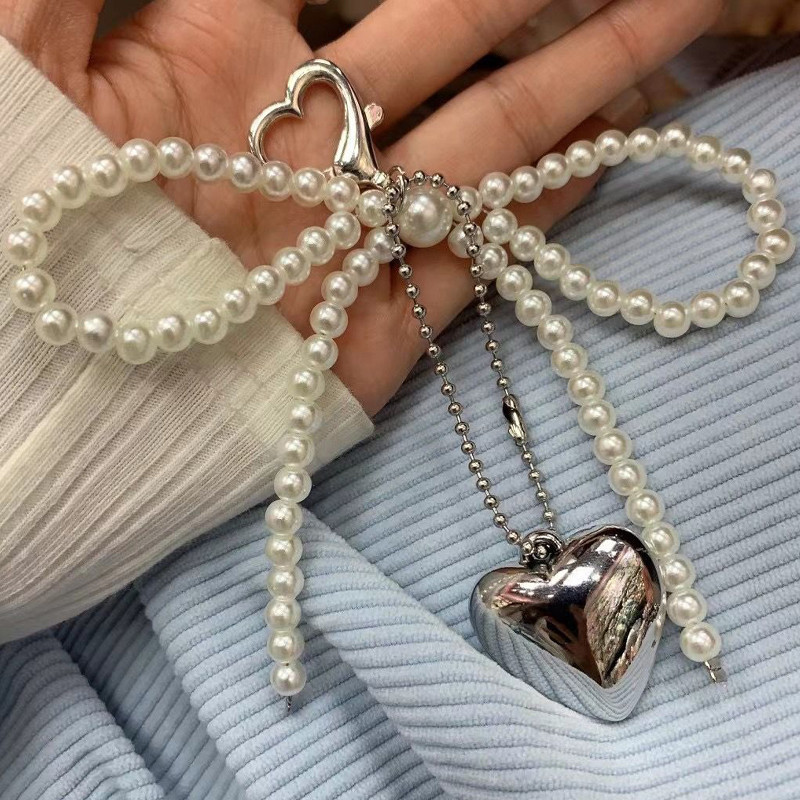 Cute Bow Pearl Mobile Phone Pendant Chain Y2K Heart Shape Pendant With ...
