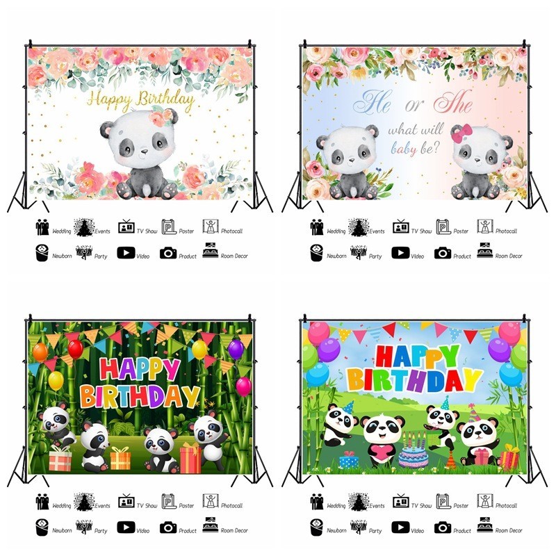 Cute Cartoon Panda Backdrop Bamboo Flower Panda Theme BirthdayParty ...