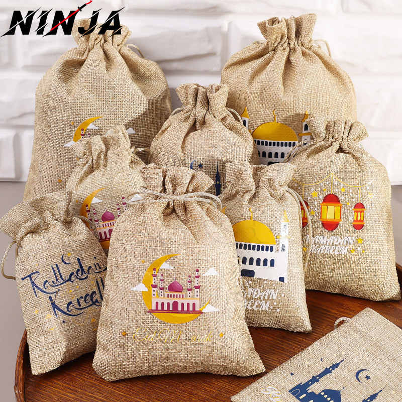 1/3/5Pcs Eid Mubarak Linen Drawstring Bags - Star Moon Burlap Gift ...