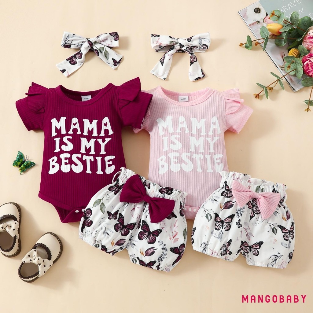 MG-Baby Girls 3Pcs Summer Outfit Short Sleeve Ribbed Romper Set Infant ...