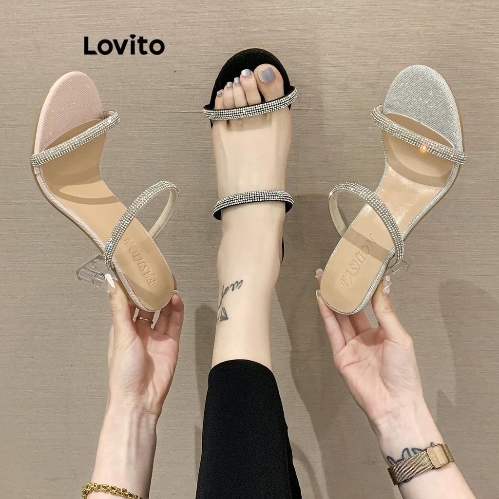 Lovito Women Elegant Plain Rhinestone One Word Strap Square Head With ...