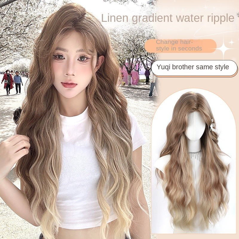 Wig Full Hairstyle Forehead Lace White Gold Gradient Long Hair Curly ...