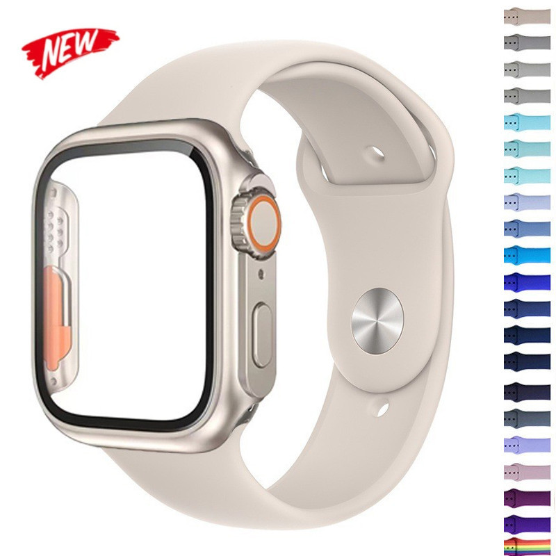 Silicone Strap + Glass Case For iWatch Series 9 8 7 6 45mm 42mm 49mm ...