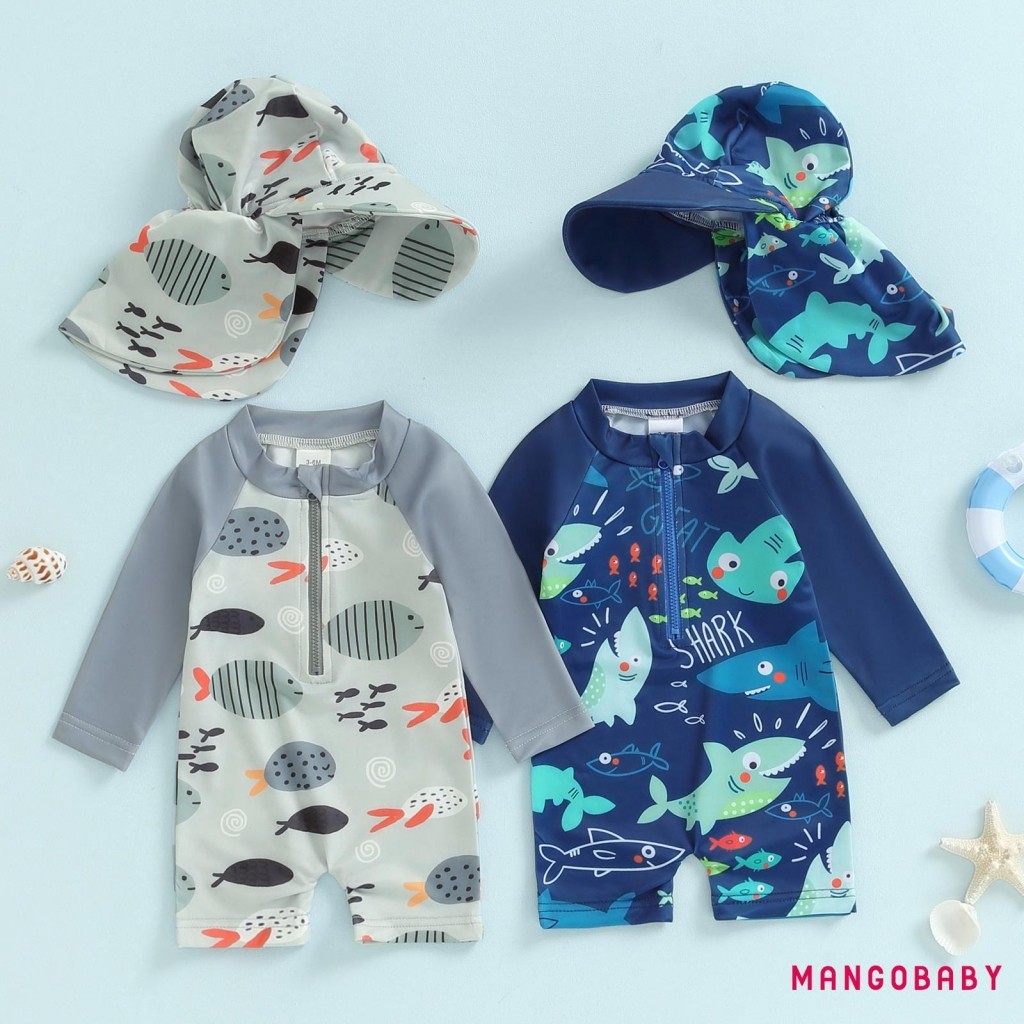 MG-Toddler Boy Rash Guard Swimsuit with Hat 2 Pcs Set Fish Shark ...