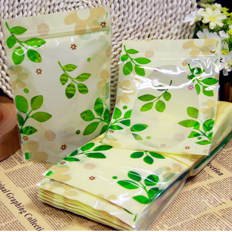 10Pcs Green Leaves Printed Transparent Window Ziplock Sealer Bags Dried ...