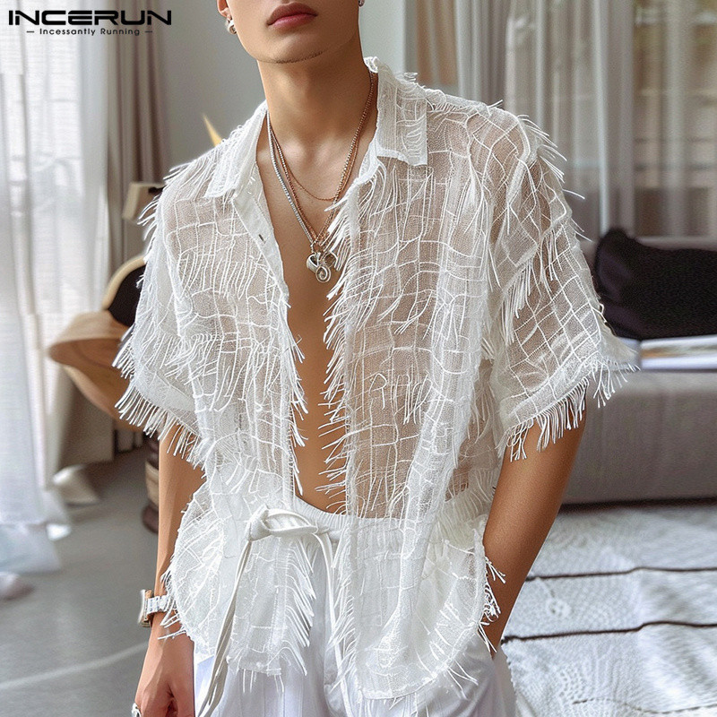 INCERUN Men's Tassel Chiffon Perspective Short sleeved Shirt | Shopee ...
