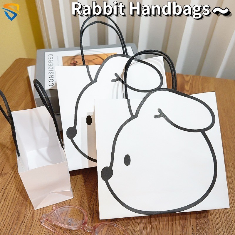 3Pcs Kraft Paper Black and White Rabbit Bags with Handle Cartoon Design ...