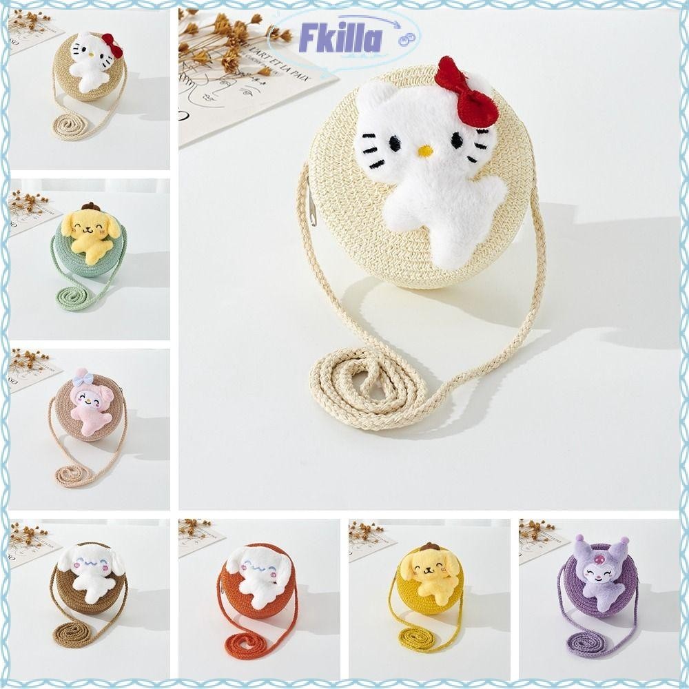 FKILLA7 Kuromi Straw Bag, Cinnamoroll Hello Kitty Melody Straw Handbag ...