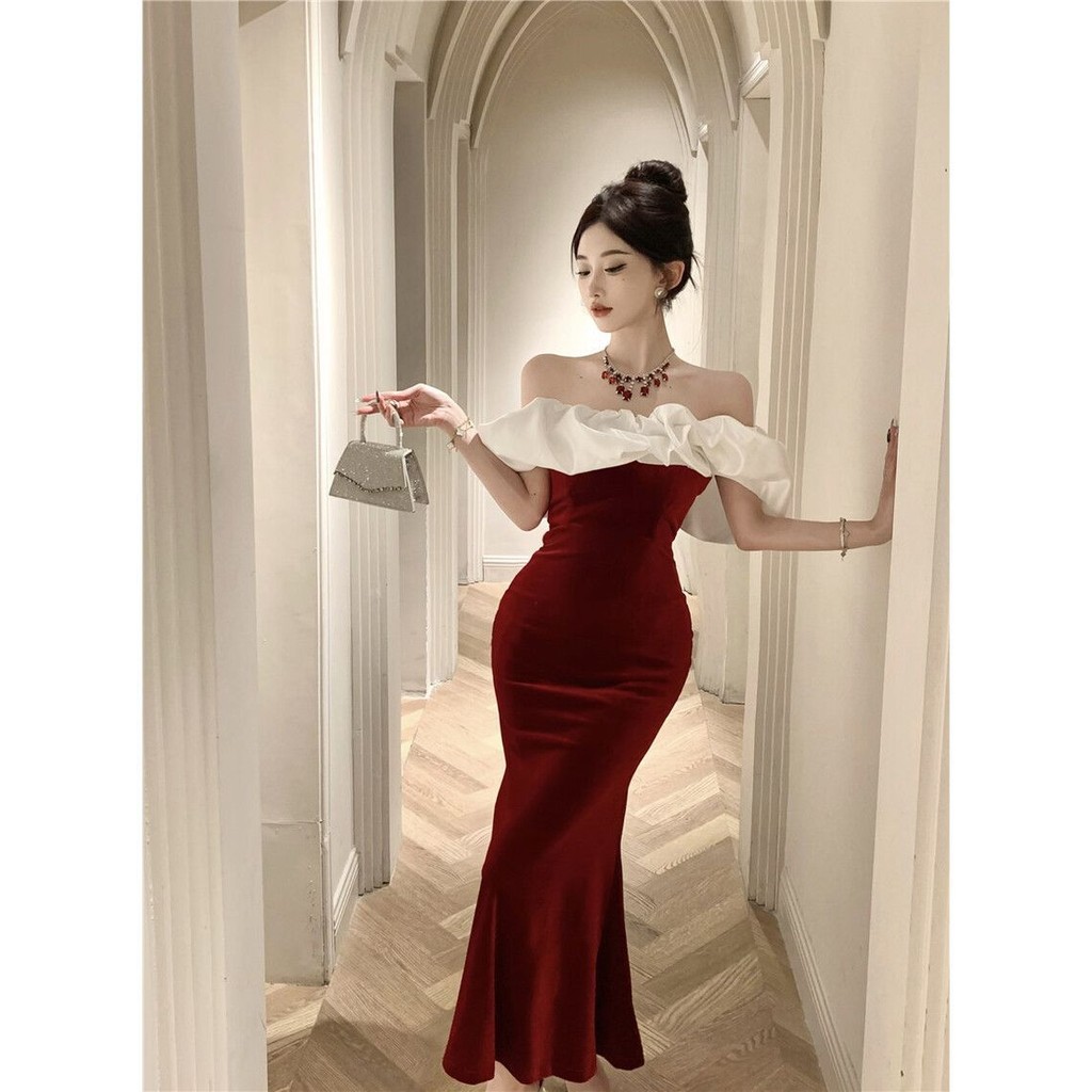 Korean Back Red Elegant Off Shoulder Evening Prom Cocktail Split ...