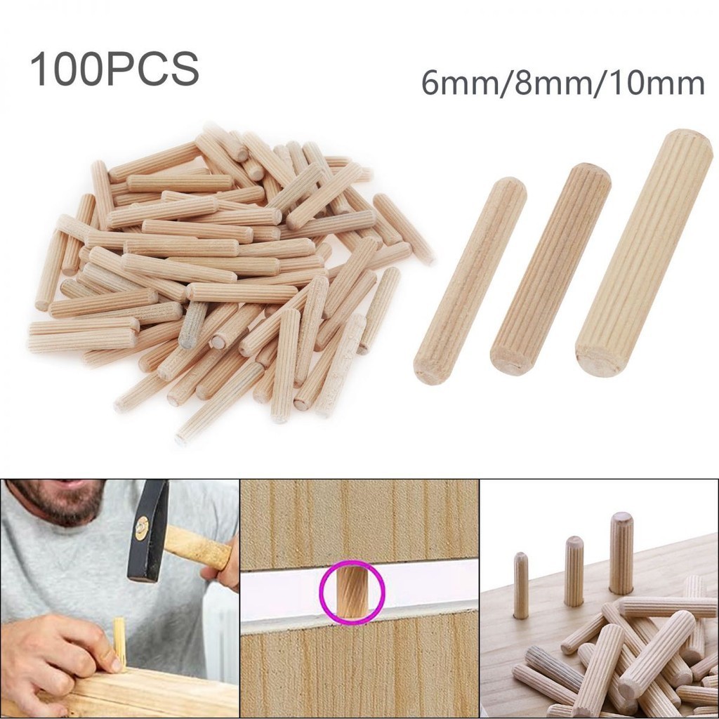 100pcs Wooden Dowels Hard Wood Grooved Plugs Furniture Woodwork Grooved ...