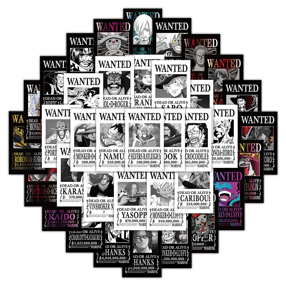 New 100/50PCS One Piece Stickers - Wanted Poster Vinyl Decals for ...
