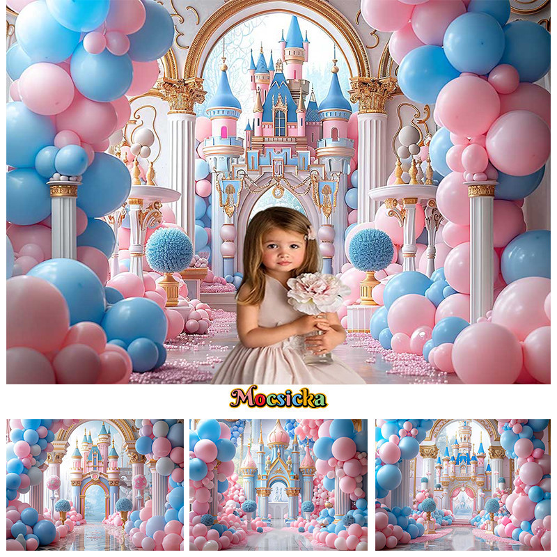 Photography Backdrop Bluey Pink Balloon Fairy Tale Palace Birthday ...
