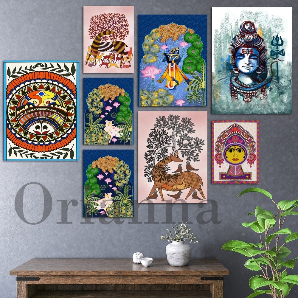 Indian Pichwai Madhubani Gond Art Poster Lord Shiva Krishna Leela Wall ...