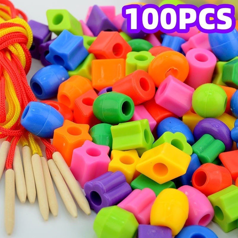 100pcs Kids String Beads Toy Rope Threading Toys Montessori Fine Motor ...
