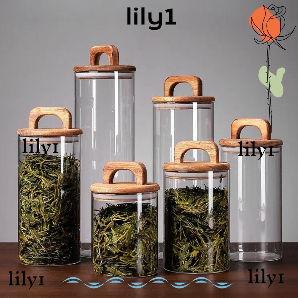 LILY Sealed jar, Wood Lid Glass Airtight Canister, with Handle Multi ...
