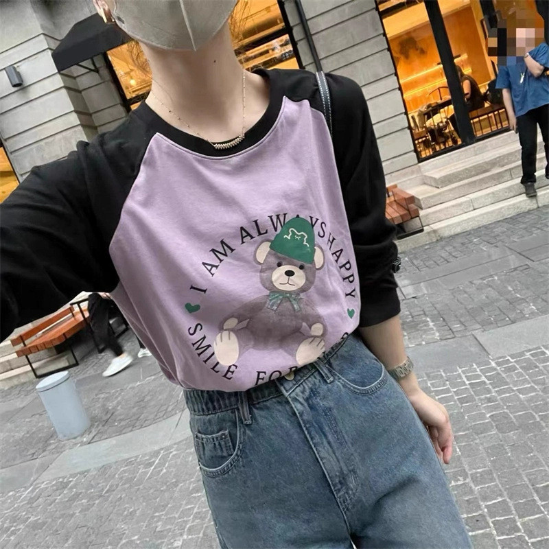 2024Spring New Cute Color Matching Little Bear Cartoon Letter Raglan ...