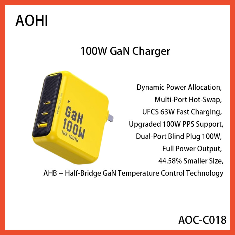 Aohi AOC-C018 100W GaN Charger with PD Fast Charging, Dual Type-C Ports, and Super Fast Charging ...