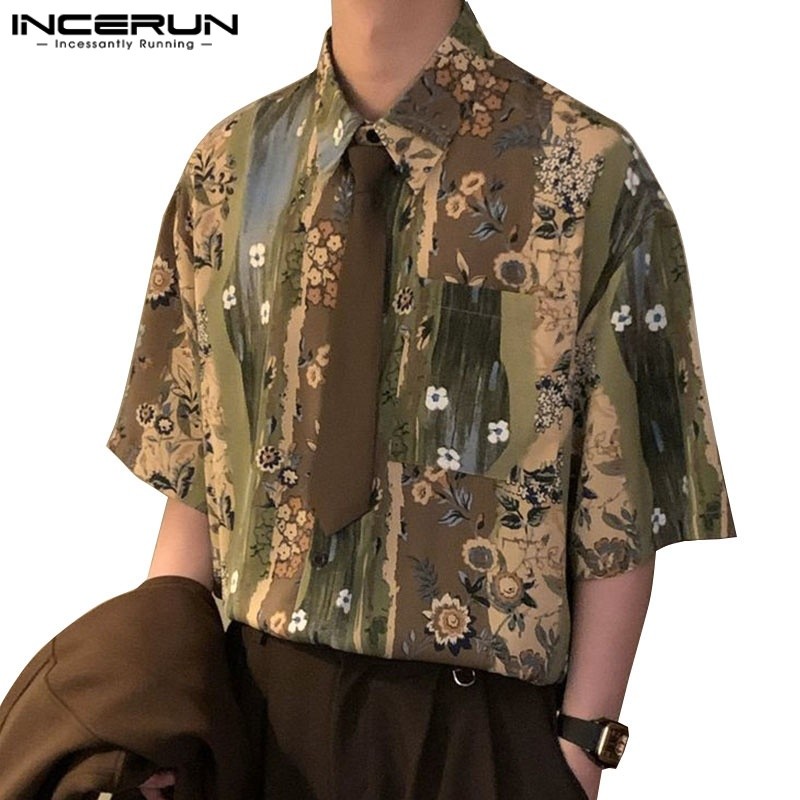 INCERUN Men's Collar Front Buttons Floral Printed Short Sleeves Loose ...