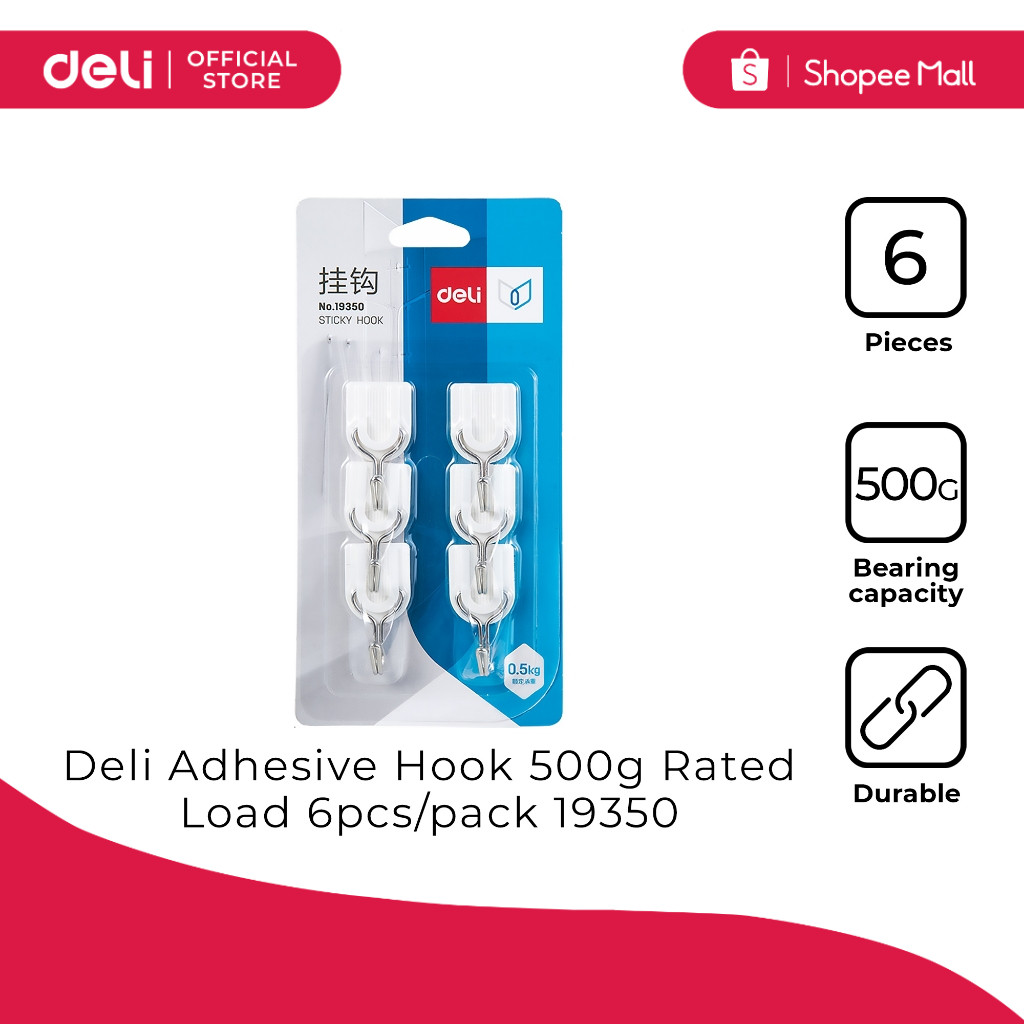 Deli 19350 Adhesive Hook 0.5g Rated Load 6pcs/pack | Shopee Philippines