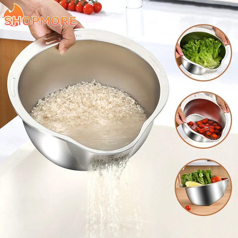 Multi-purpose Stainless Steel Rice Washing Drain Bowl - Flat Bottom ...