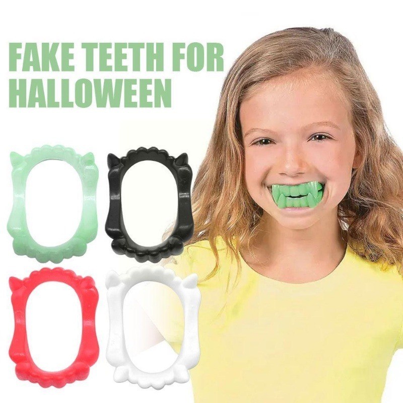 Vampire Luminous Fake Teeth Glow Dentures Mouth Braces Fangs Halloween ...