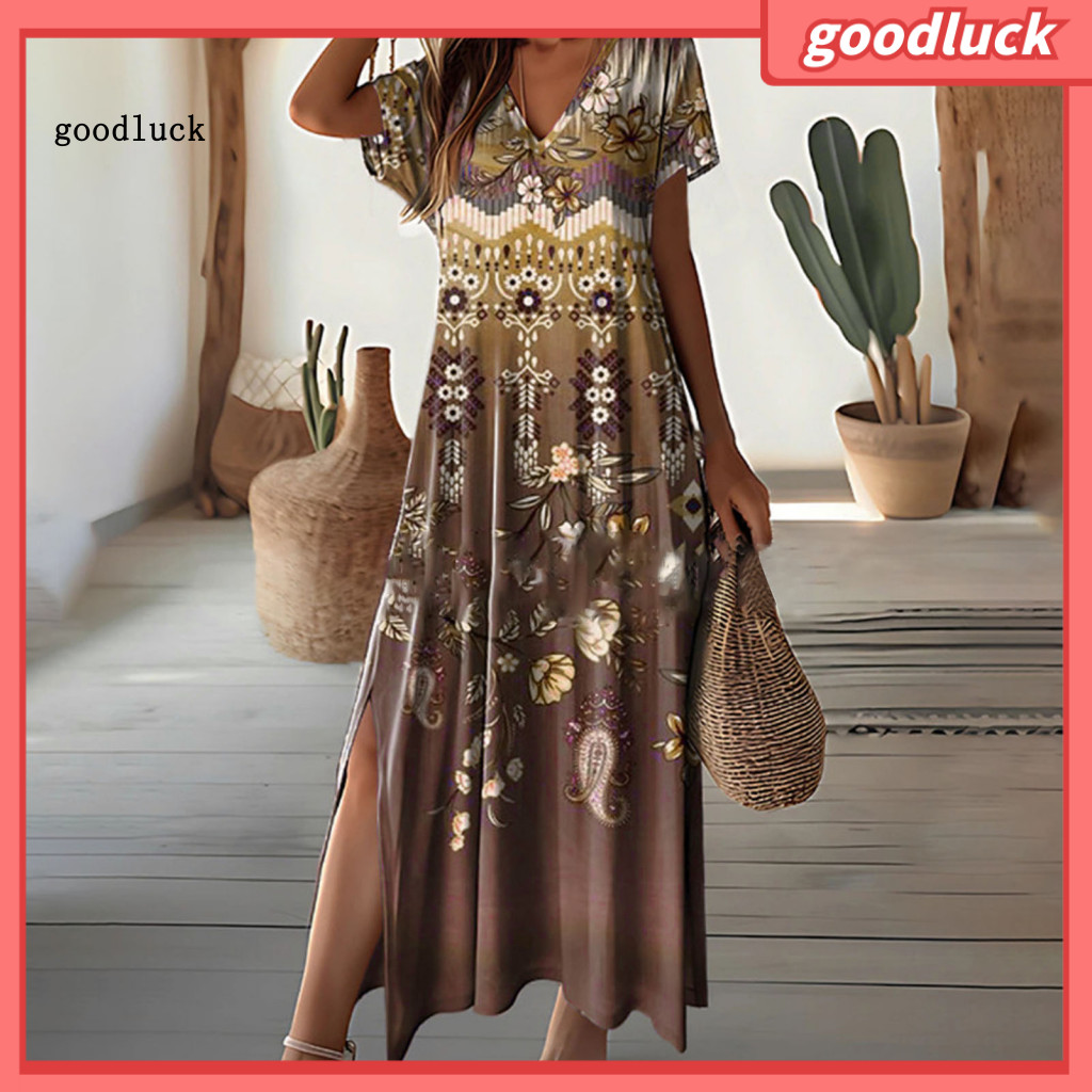 goodluck| Retro-inspired Attire A-line Dress Boho Chic V Neck Maxi ...