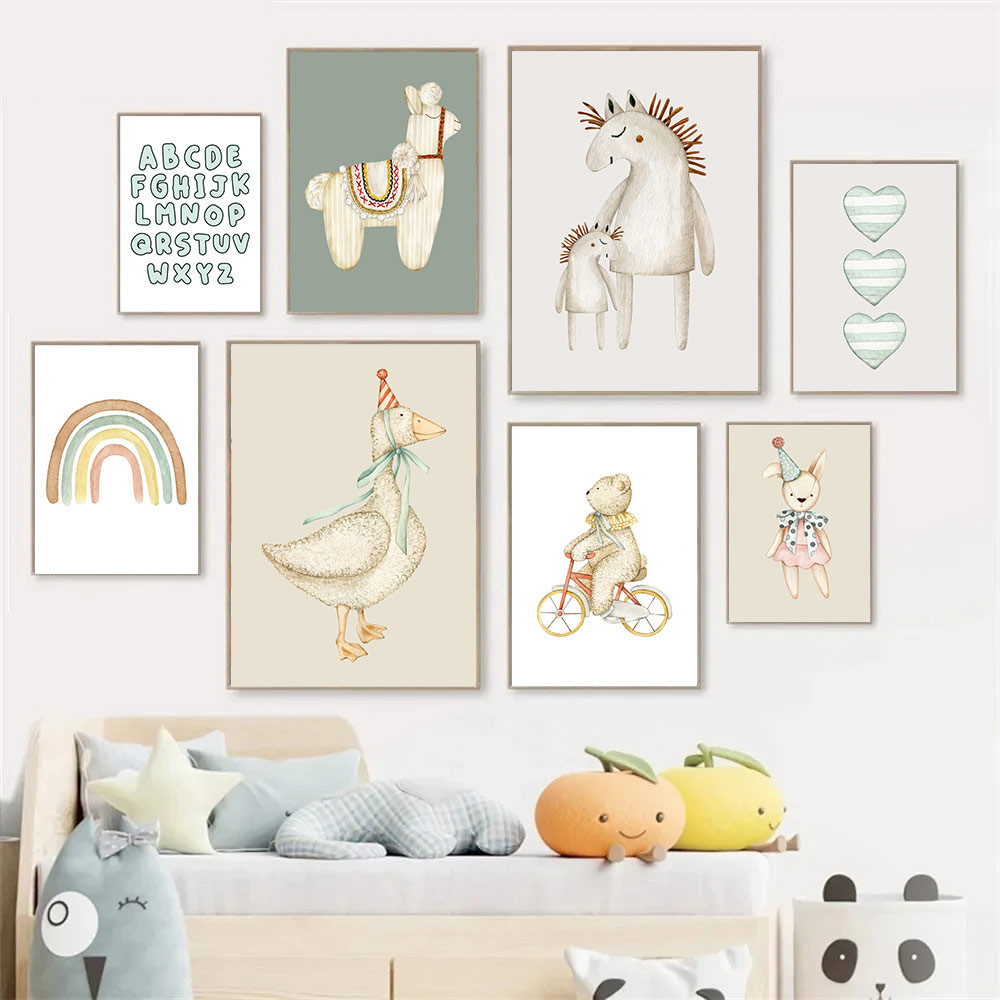 Cartoon Cute Bear Rabbit Goose Alpaca Poster Prints Canvas Painting ...